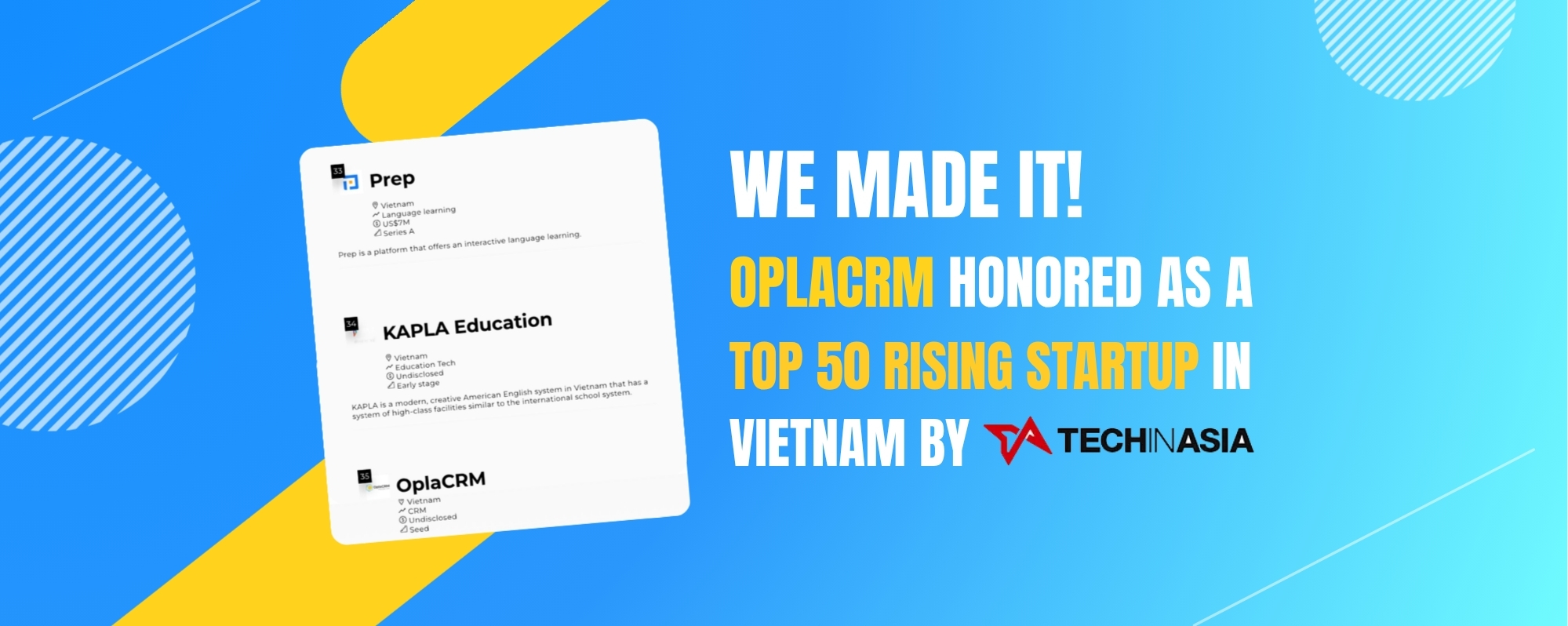 OplaCRM Named One of Vietnam's Top 50 Rising Startups by Tech in Asia! | OplaCRM